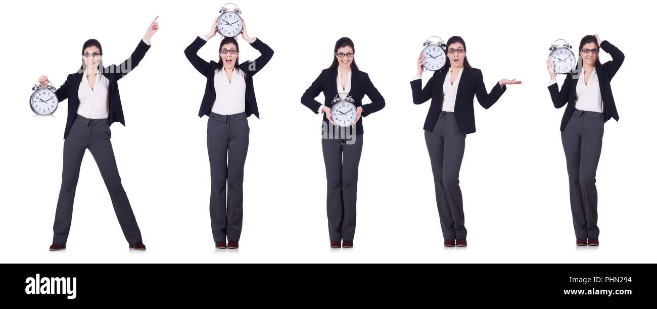 Businesswoman with clock in time management concept Stock Photo - Alamy