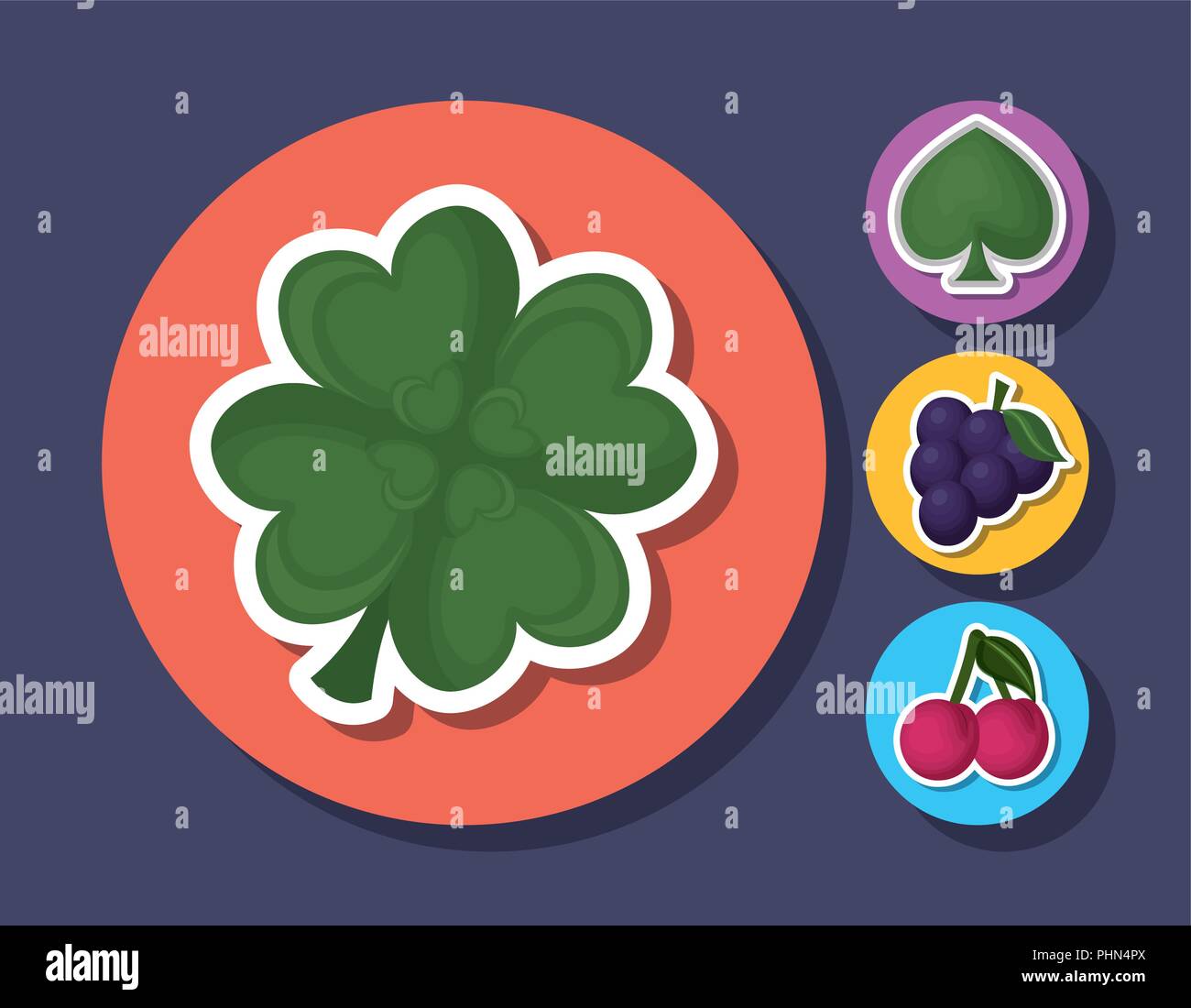clover and casino related icons over colorful circles and blue ...