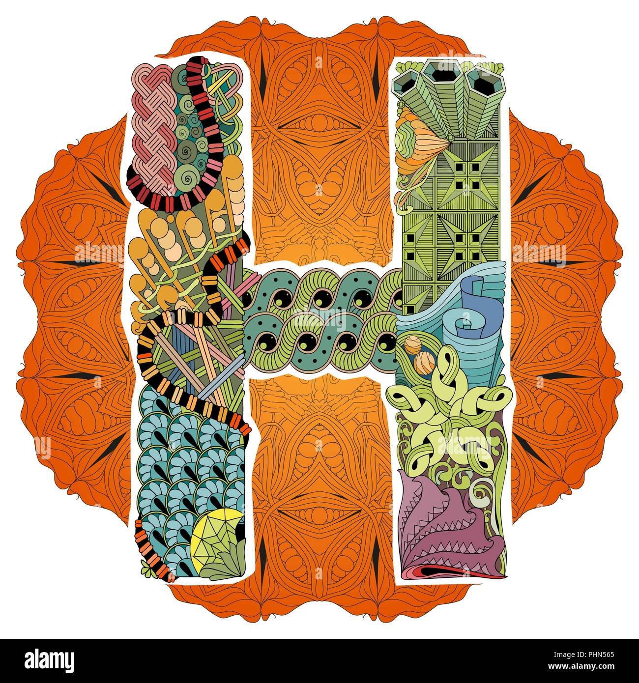 Hand-painted art design. Hand drawn illustration mandala with letter H ...