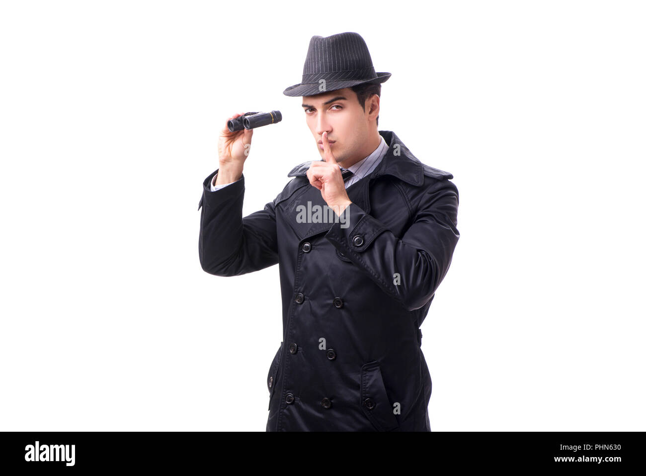 Spy with binoculars isolated on white background Stock Photo - Alamy