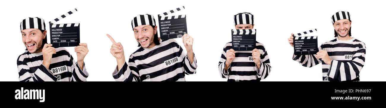 Funny prison inmate with movie board isolated on white Stock Photo - Alamy