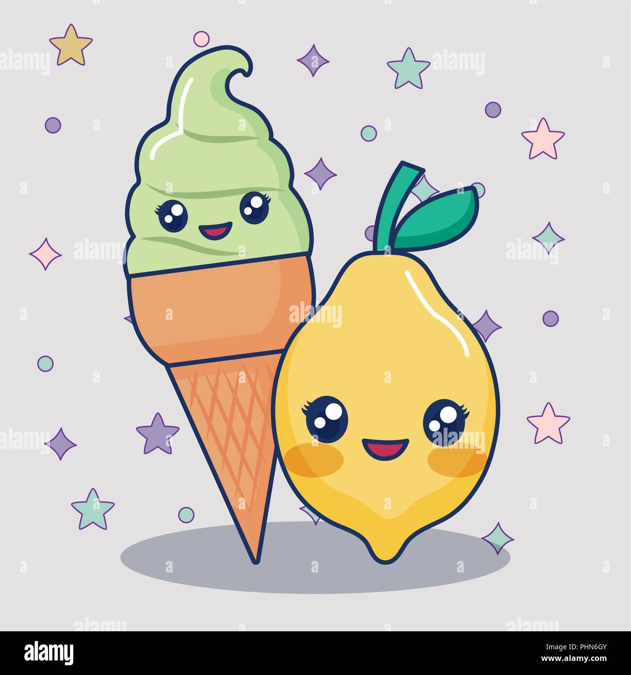 kawaii ice cream and lemon over gray background, colorful design ...