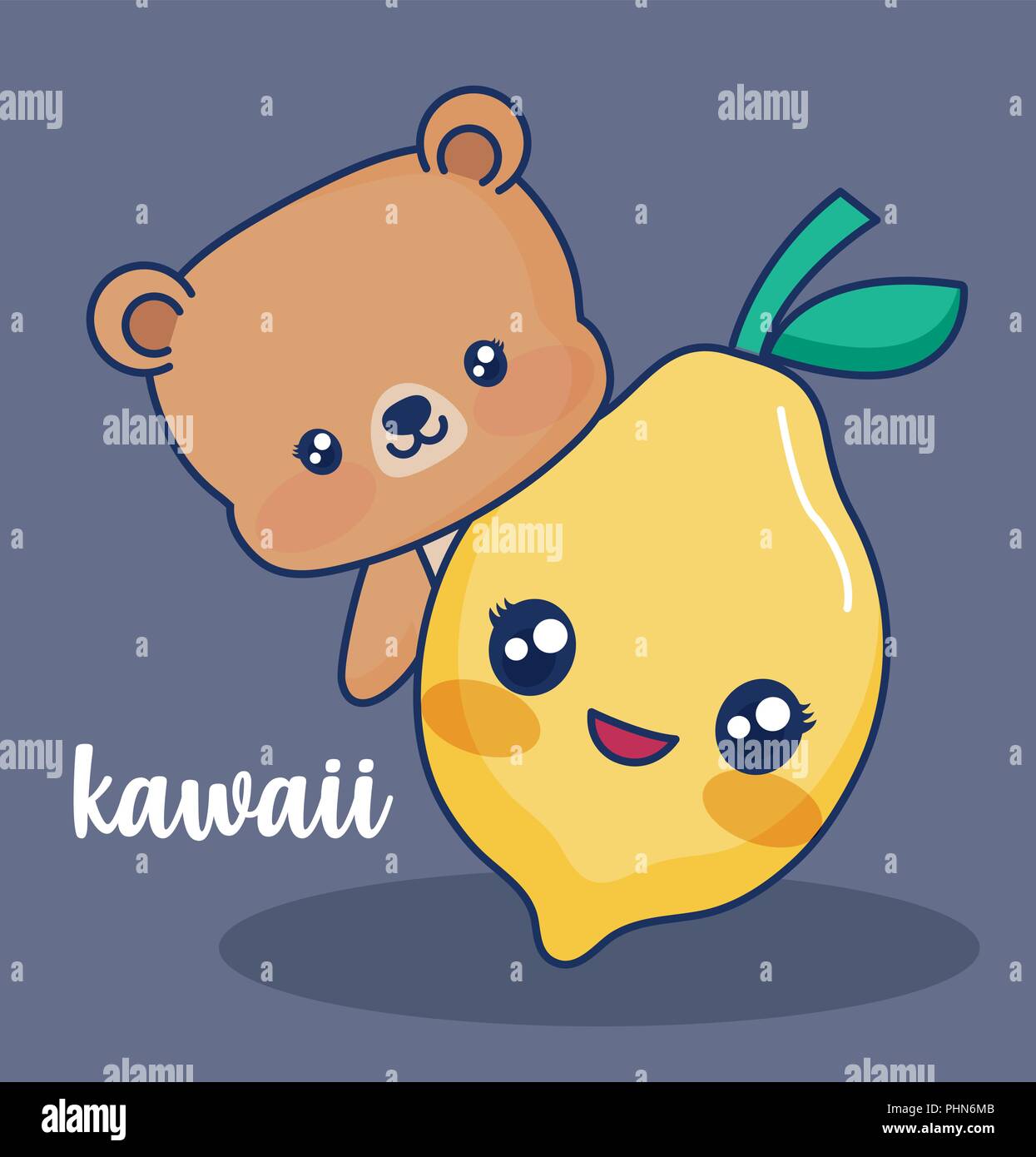 kawaii bear and lemon over gray background, colorful design. vector ...