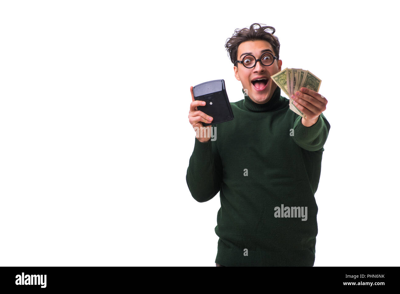 Nerd young man with calculator isolated on white Stock Photo - Alamy