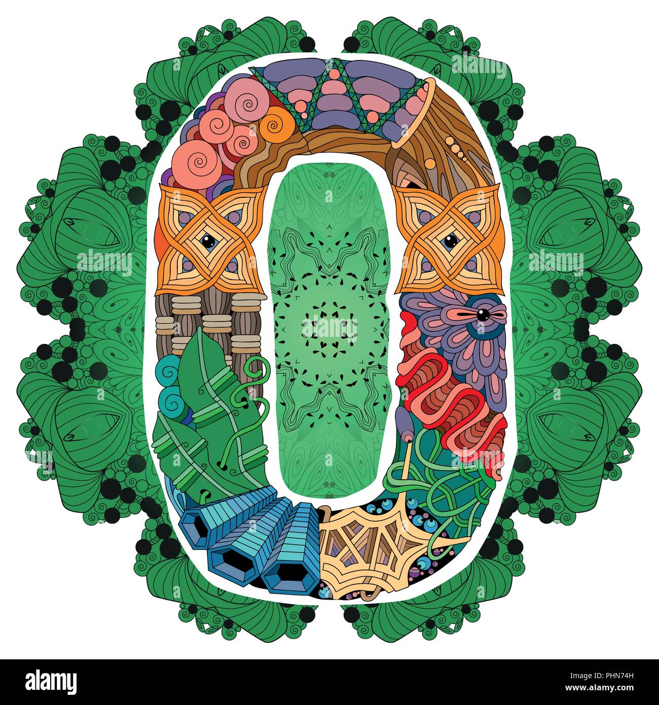 Hand-painted art design. Hand drawn illustration mandala with letter O ...