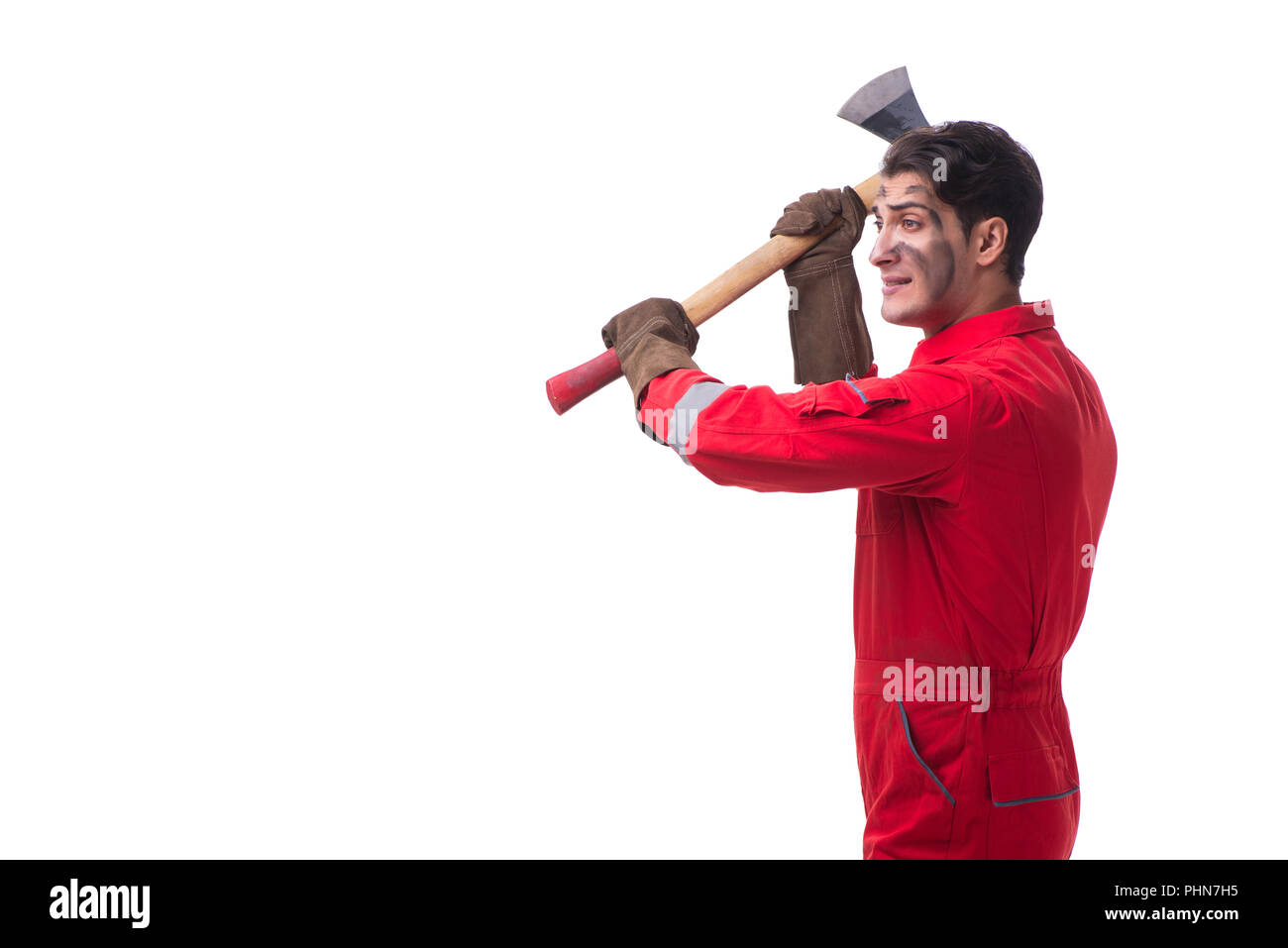 Contractor employee with axe on white background Stock Photo - Alamy