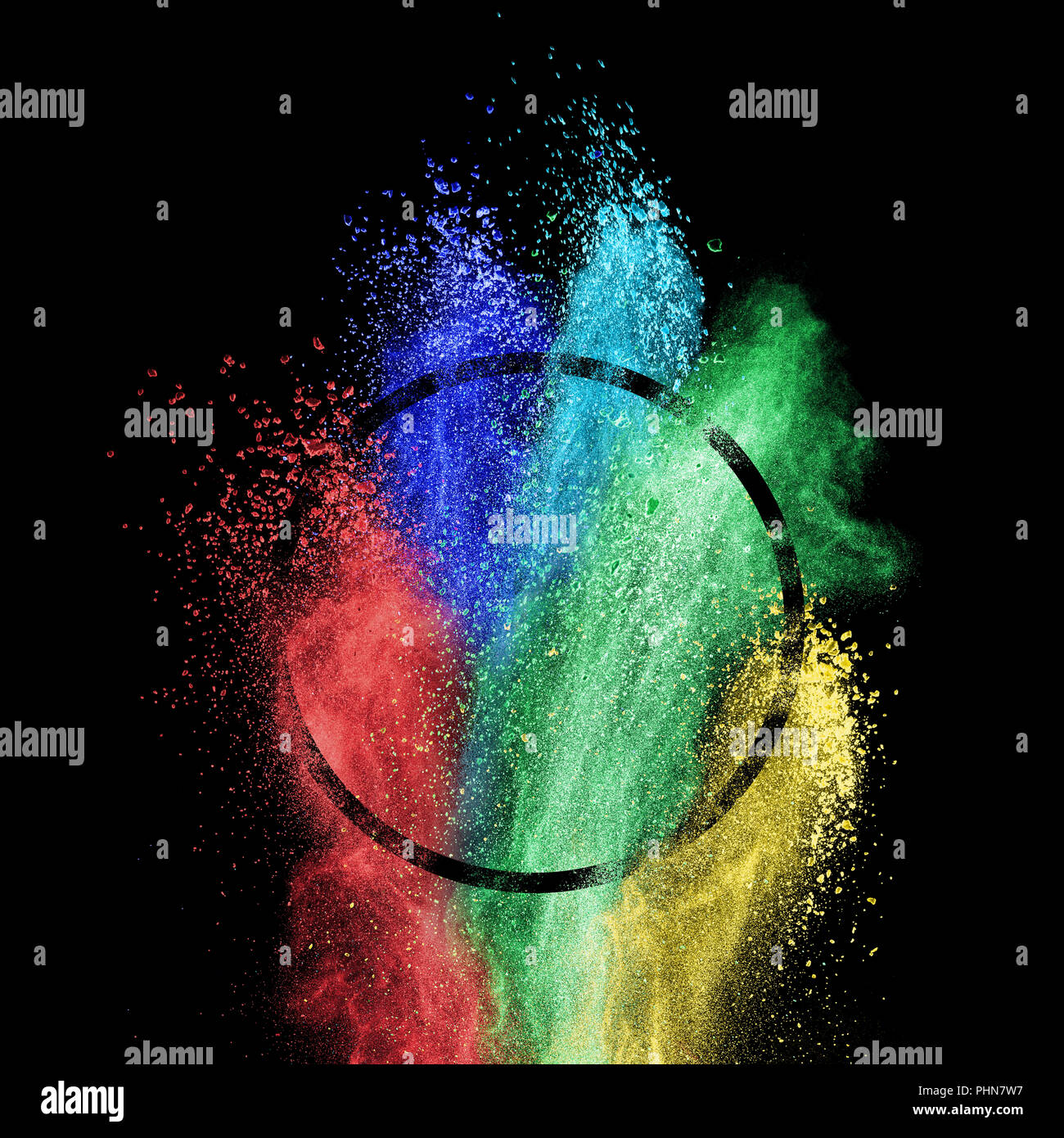 Splash of colorful powder into circle frame over black background Stock ...