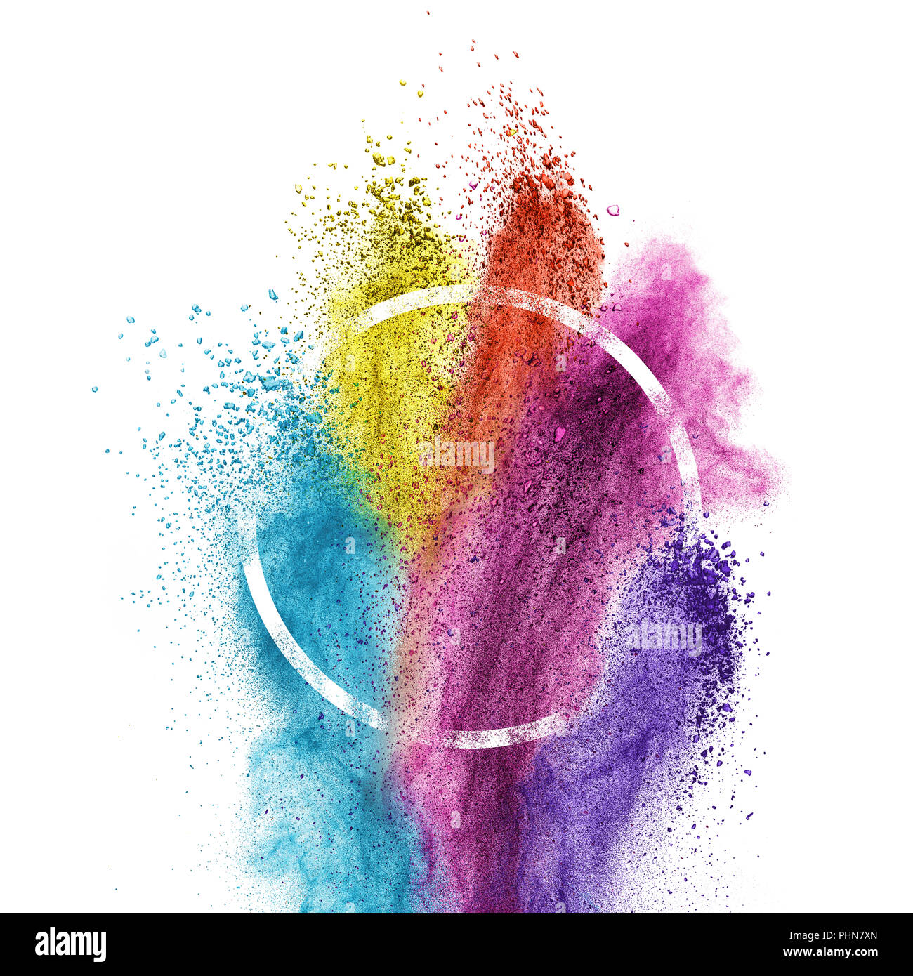 Splash of multicolor powder into circle frame isolated on white Stock ...