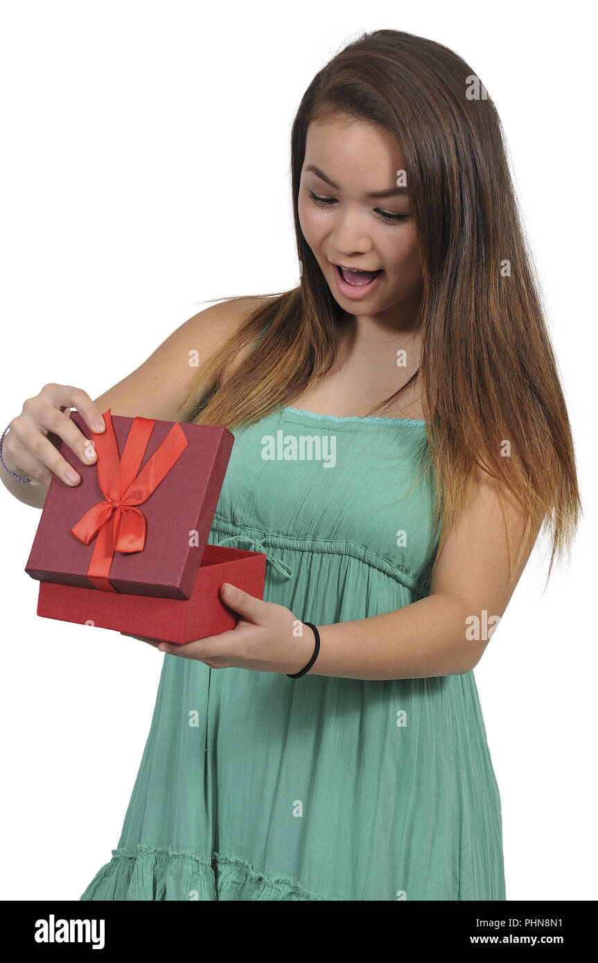 Beautiful woman opening present hi-res stock photography and images - Alamy