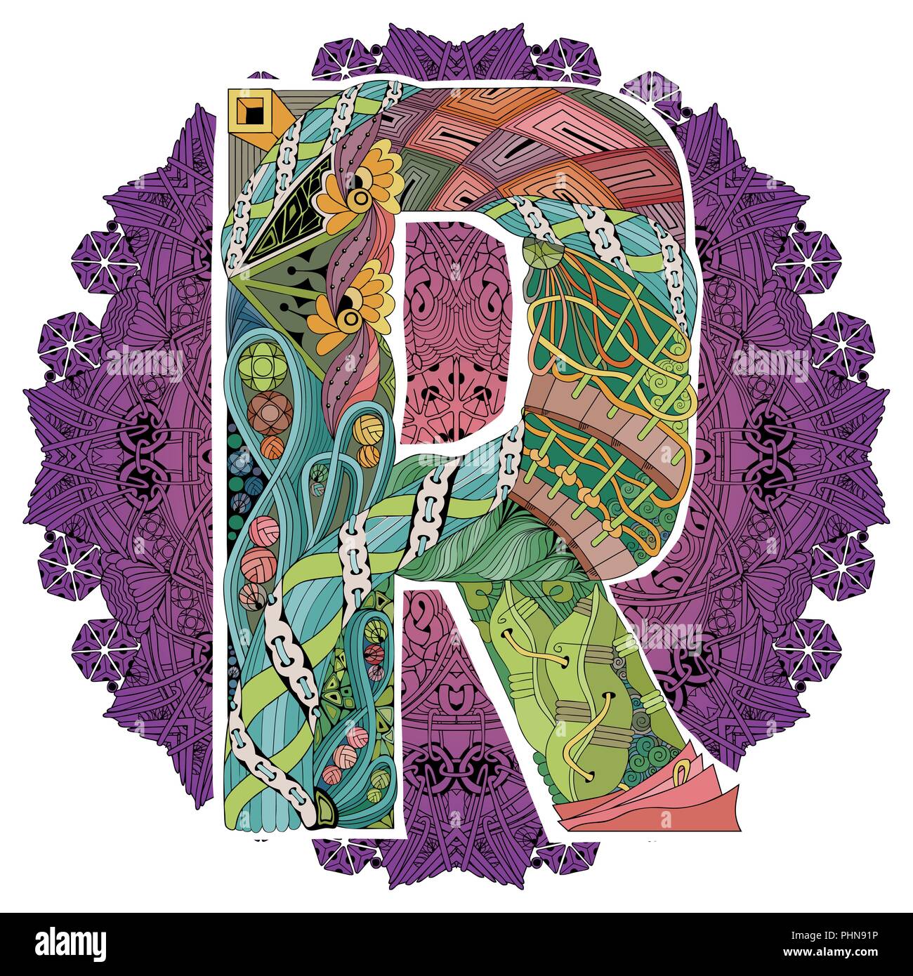 Hand-painted art design. Hand drawn illustration mandala with letter R ...