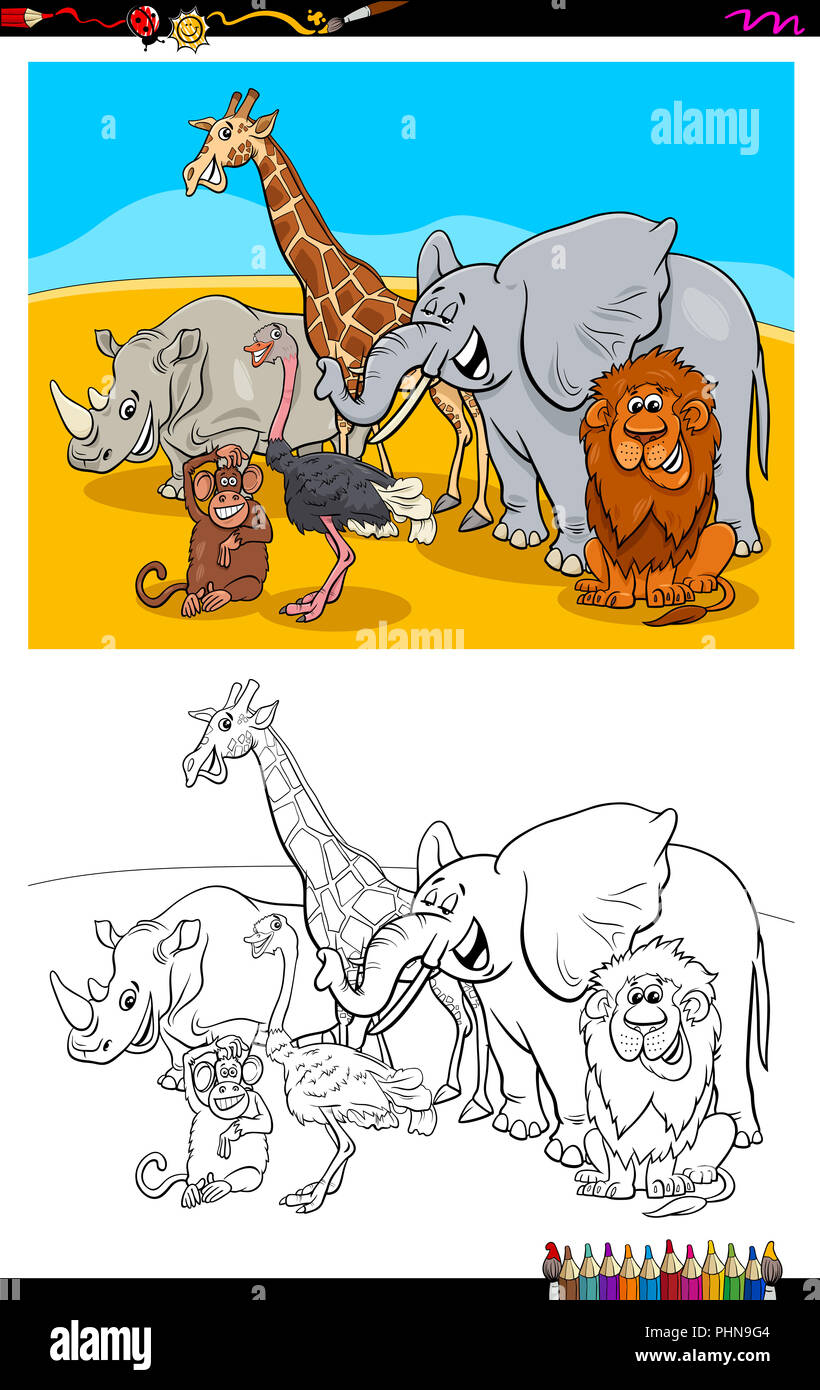 funny wild animals characters group color book Stock Photo - Alamy