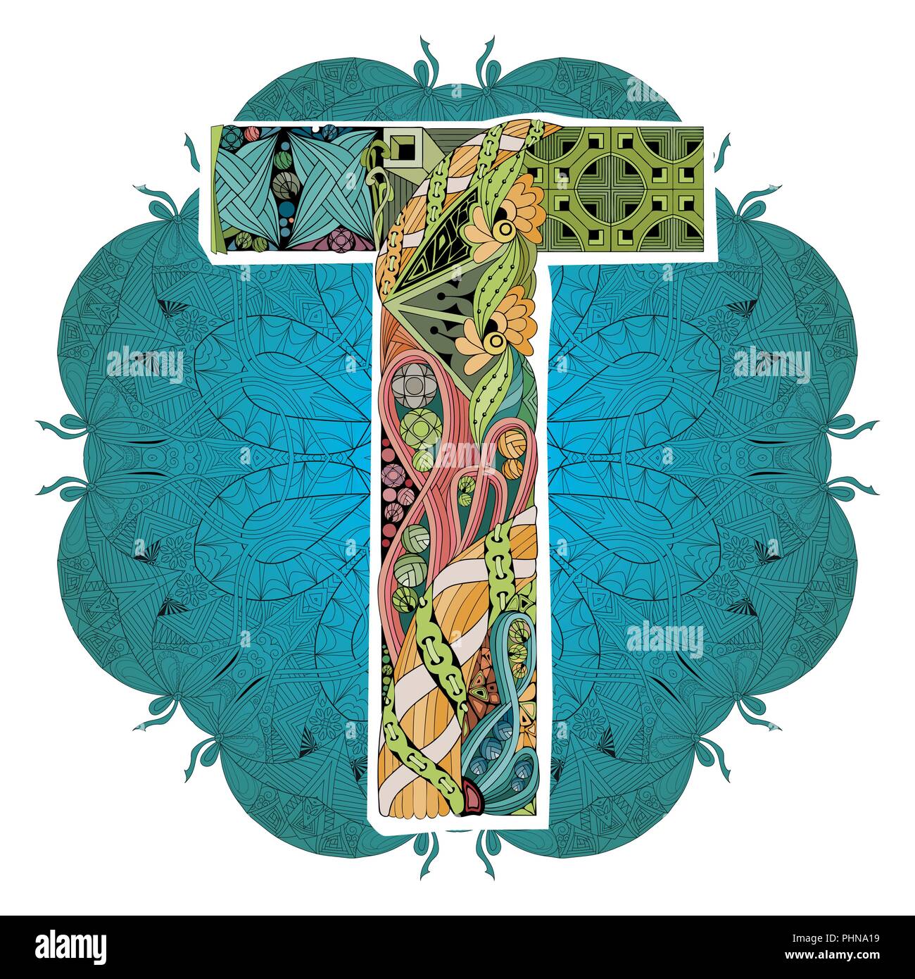 Hand-painted art design. Hand drawn illustration mandala with letter T ...