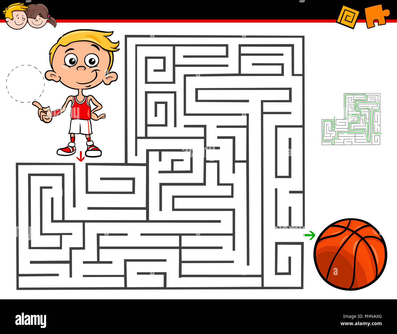 cartoon maze activity with boy and basketball Stock Photo - Alamy