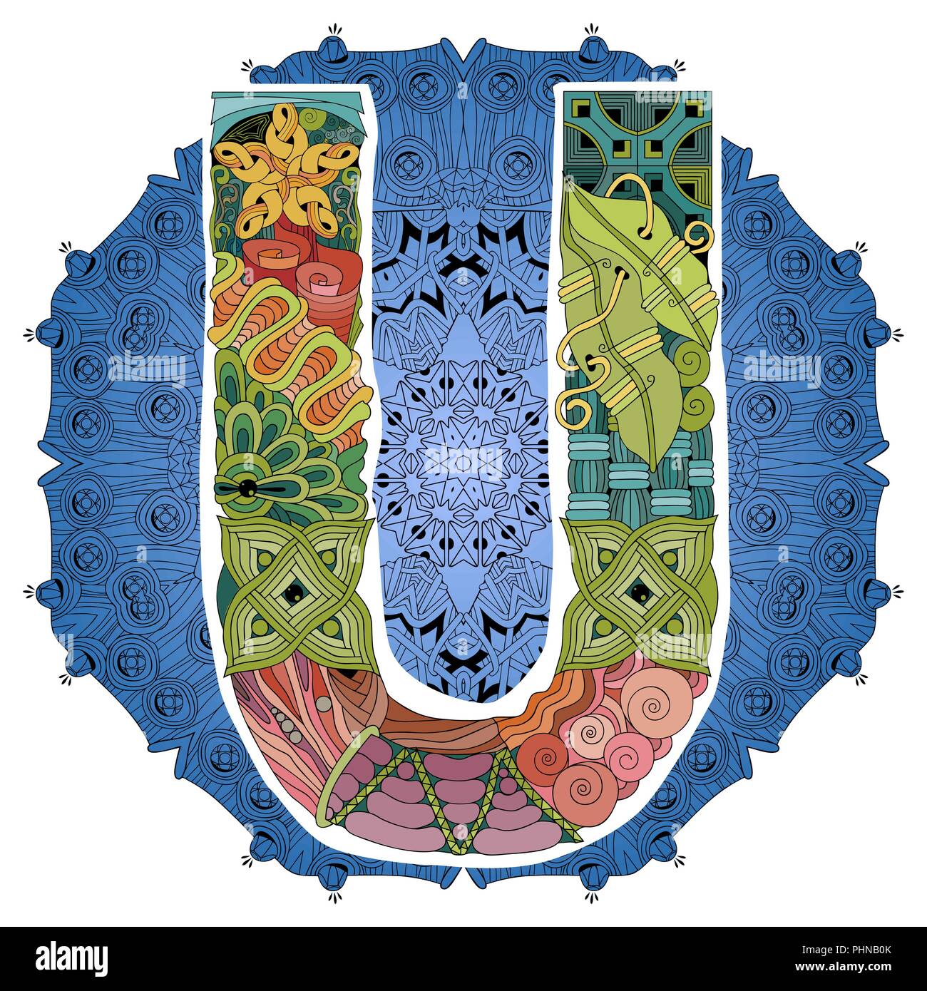 Hand-painted art design. Hand drawn illustration mandala with letter U ...