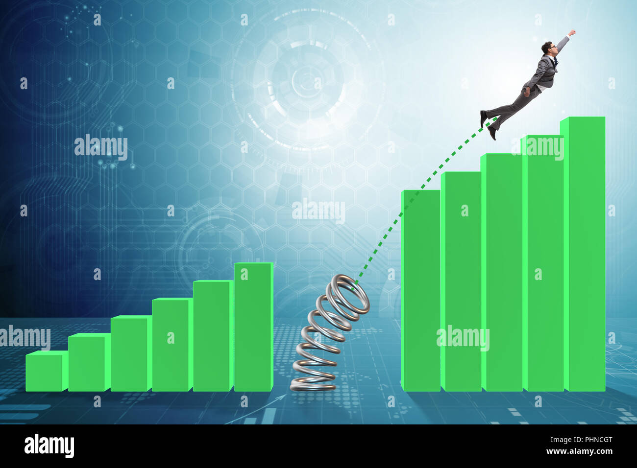 Business people jumping over bar charts Stock Photo - Alamy