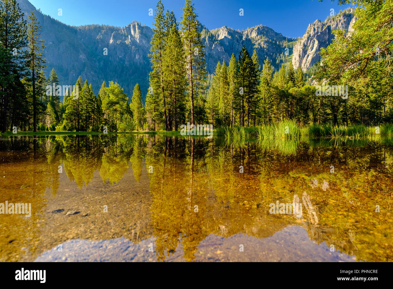 Cathedral Rocks reflecting in Merced River at Yosemite Stock Photo - Alamy