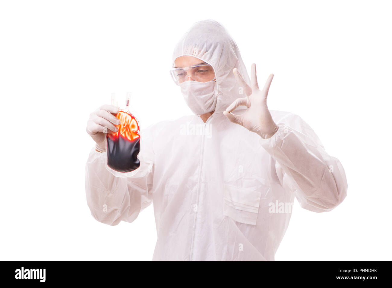 Epidemiologist with blood sample isolated on white background Stock ...