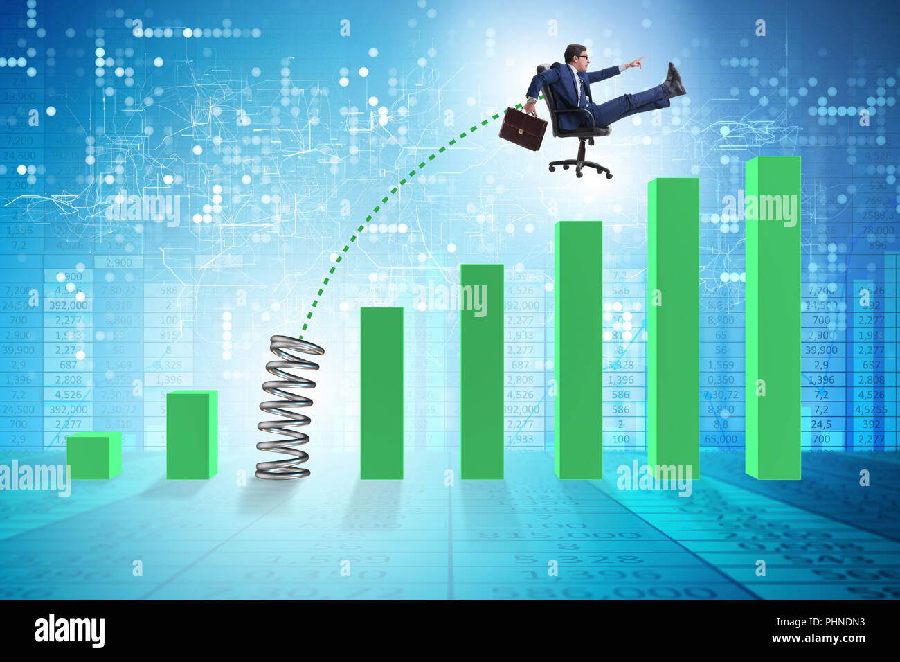 Business people jumping over bar charts Stock Photo - Alamy
