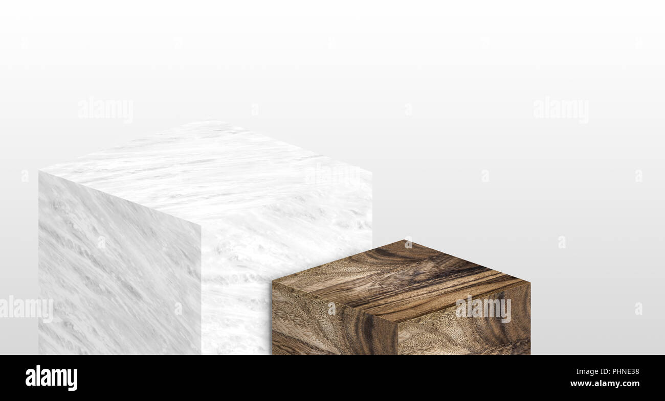Product display stand made from white glossy marble and wood in two ...