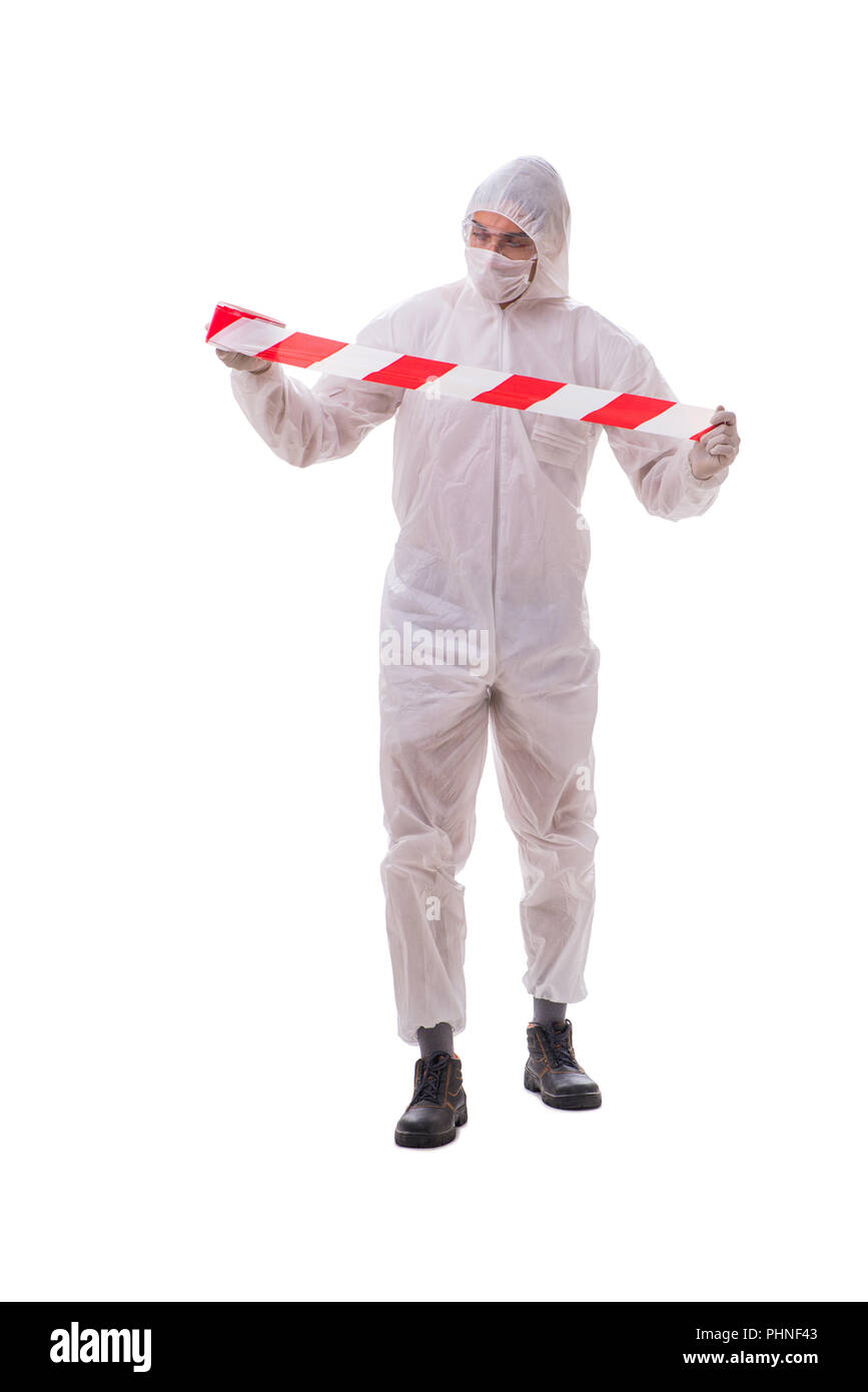 Forensic specialist in protective suit isolated on white Stock Photo ...