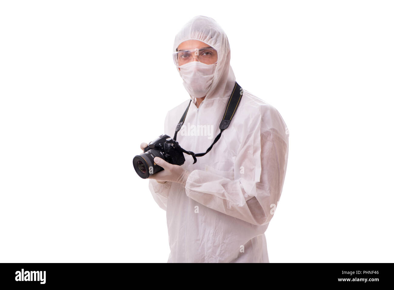 Forensic specialist in protective suit taking photos on white Stock ...
