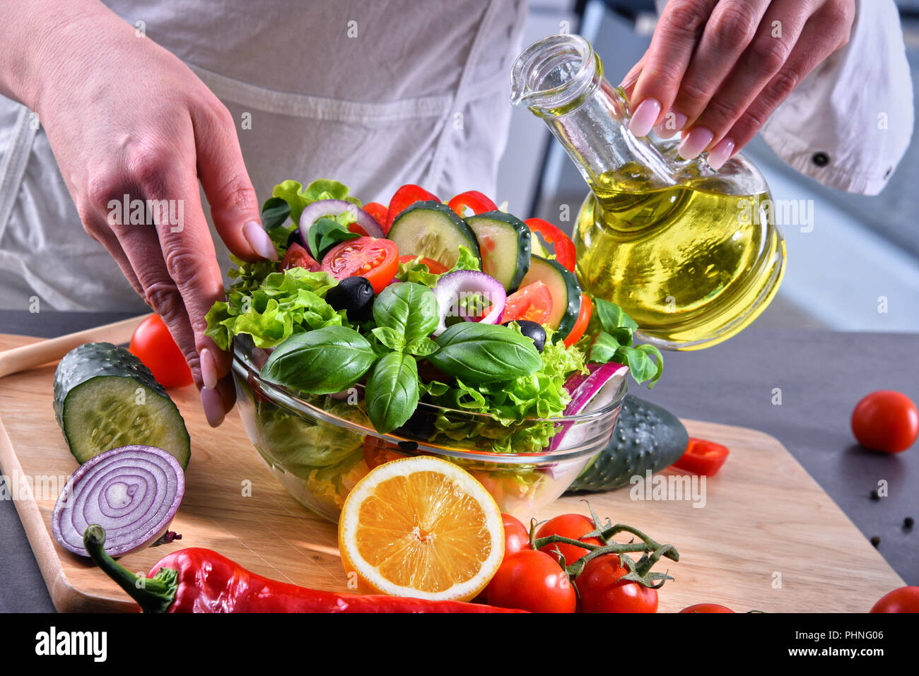 Preparation of a vegetable salad from fresh organic ingredients Stock ...