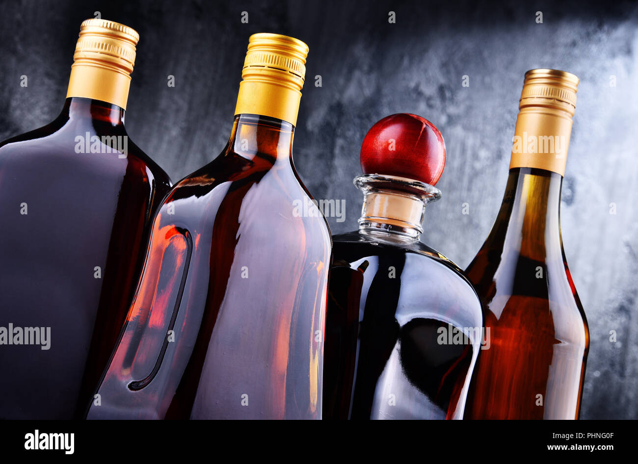 Composition with bottles of assorted alcoholic beverages Stock Photo ...