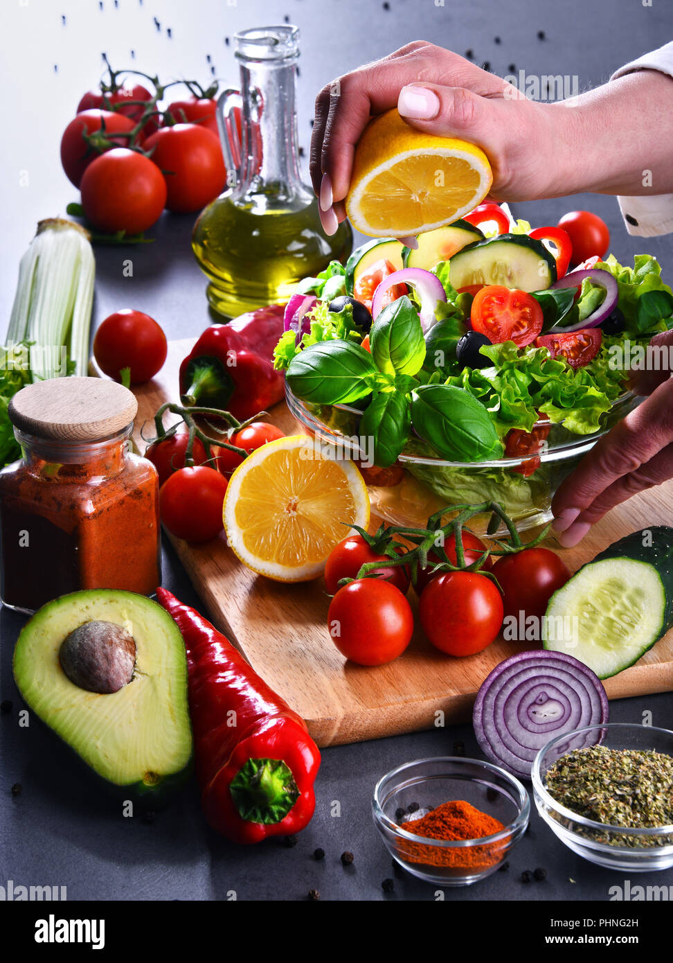 Preparation of a vegetable salad from fresh organic ingredients Stock ...