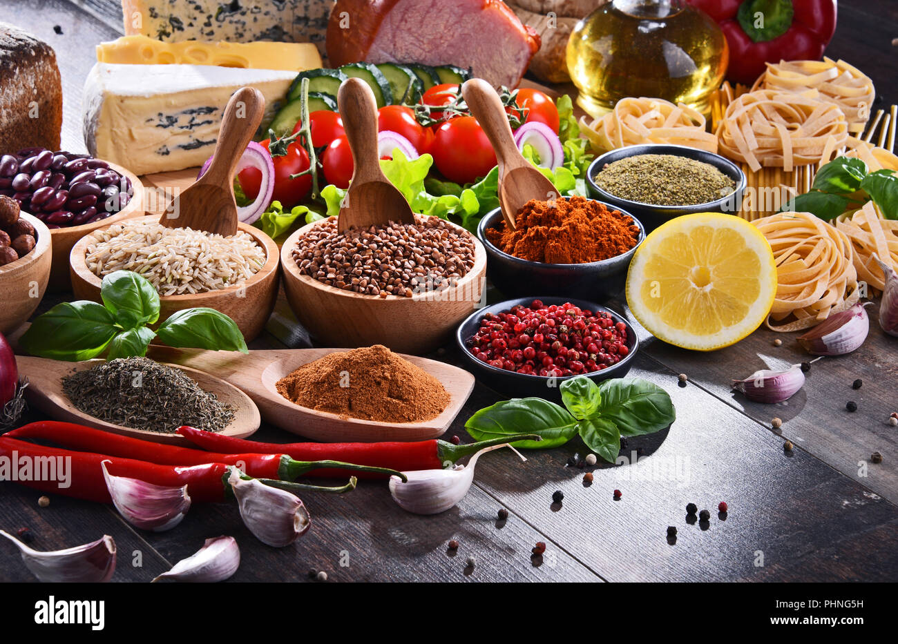 Composition with assorted organic food products on the table Stock ...