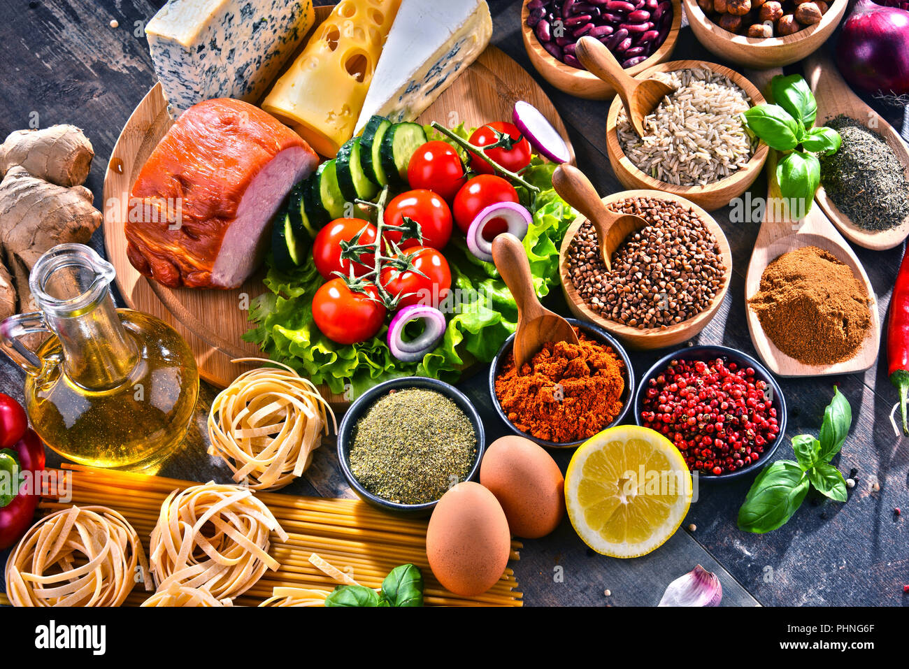 Composition with assorted organic food products on the table Stock ...