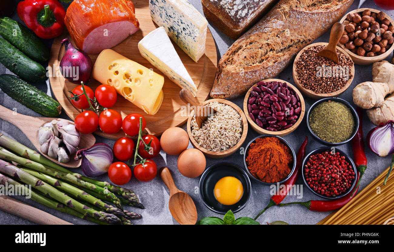 Composition with assorted organic food products on the table Stock ...