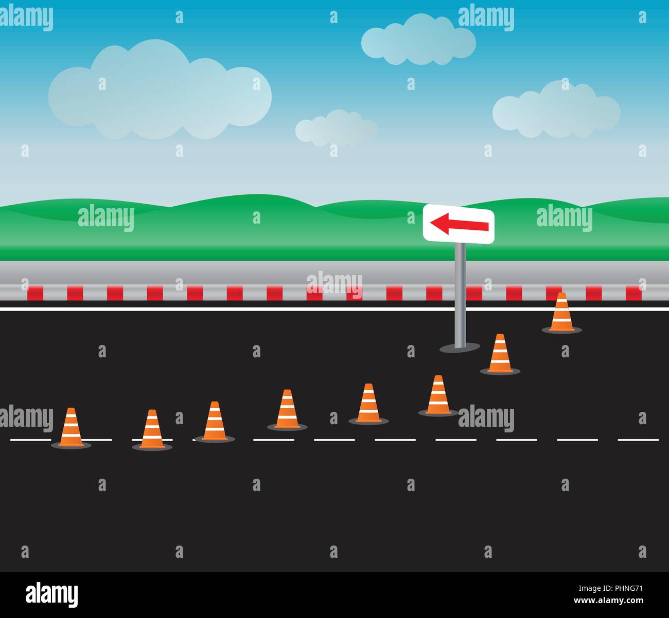 Set of Traffic cone on road with landscape background Stock Vector ...