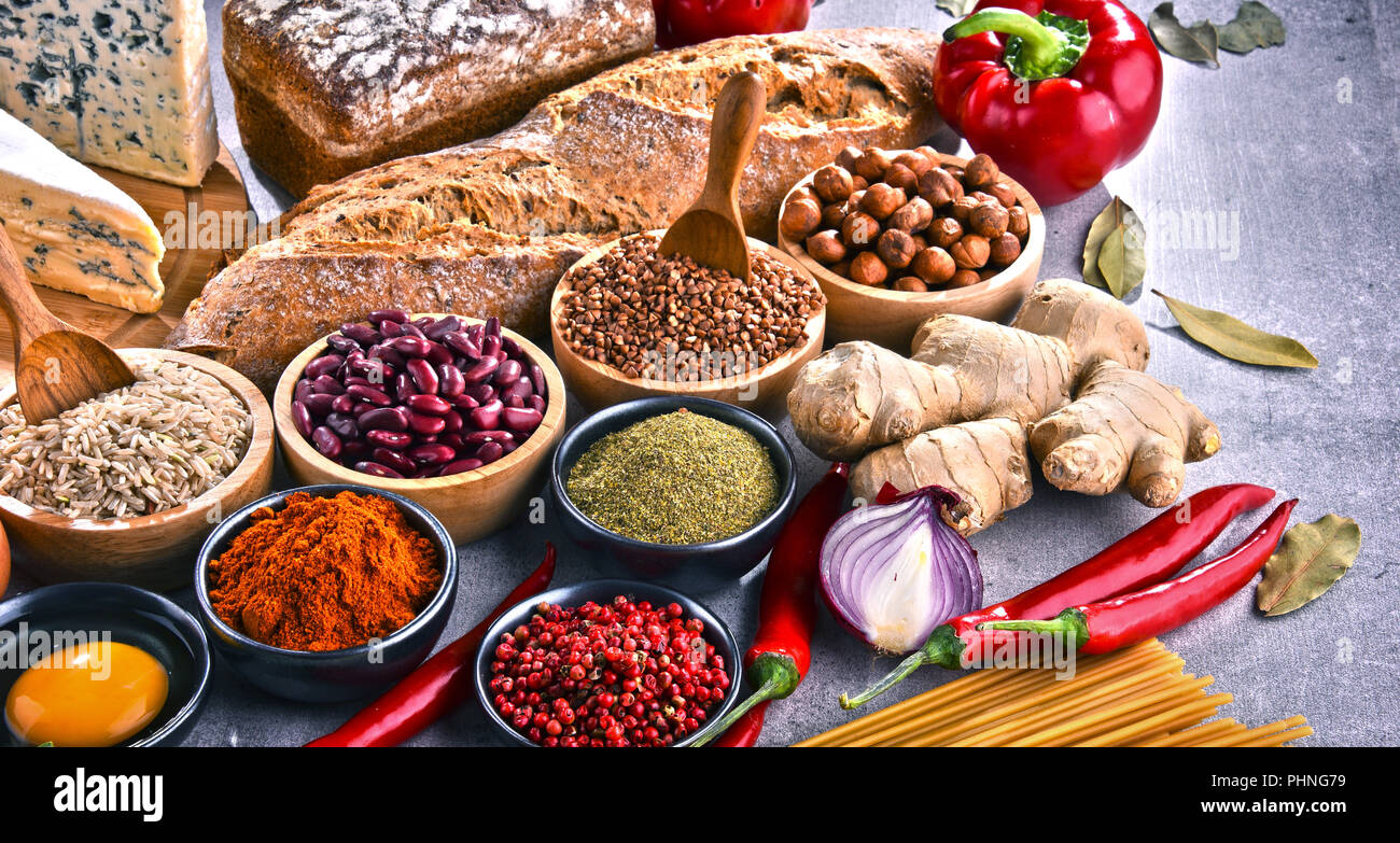 Composition with assorted organic food products on the table Stock ...