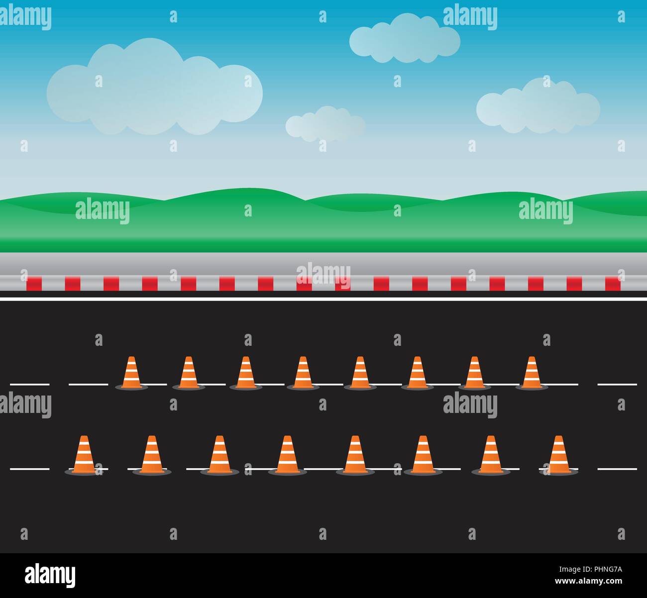 Set of Traffic cone on road with landscape background Stock Vector ...