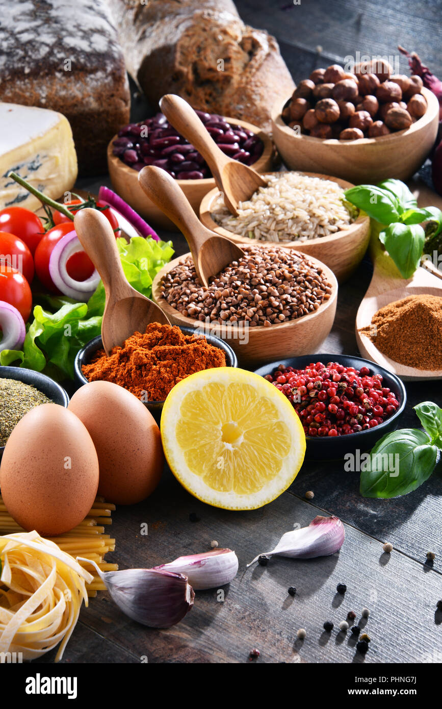 Composition with assorted organic food products on the table Stock ...