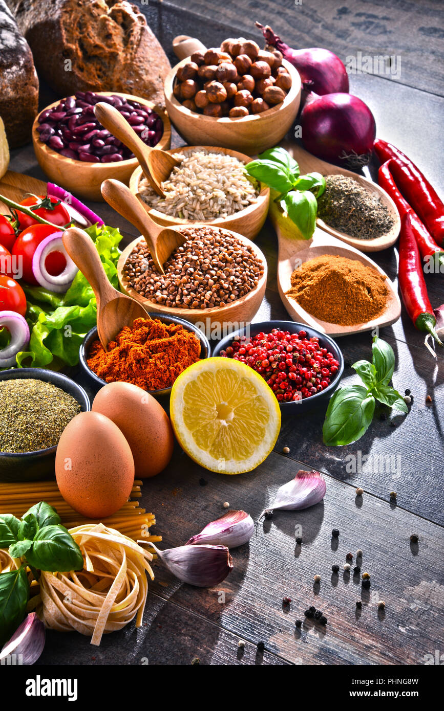 Composition with assorted organic food products on the table Stock ...