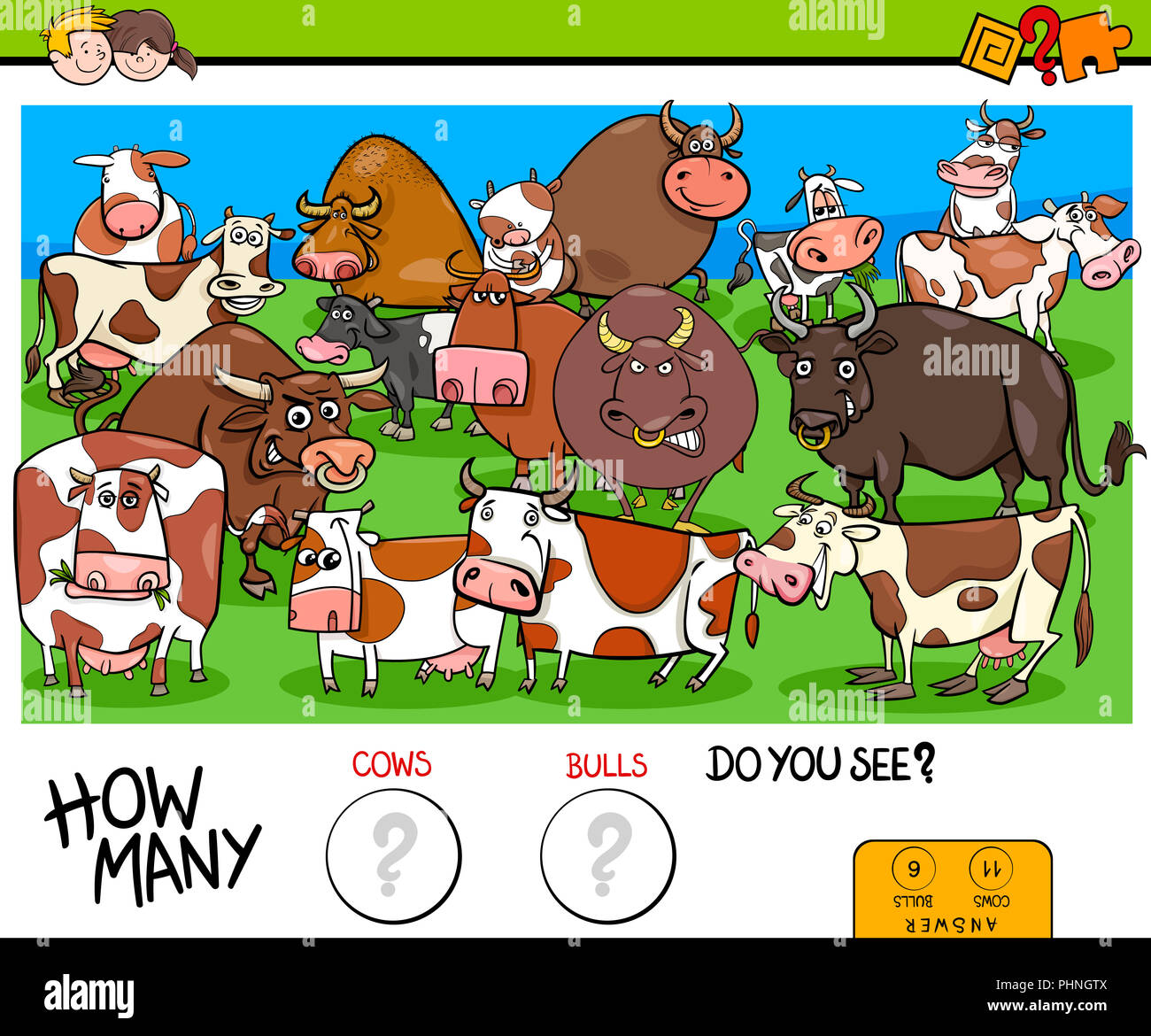 counting cows and bulls educational game for kids Stock Photo - Alamy