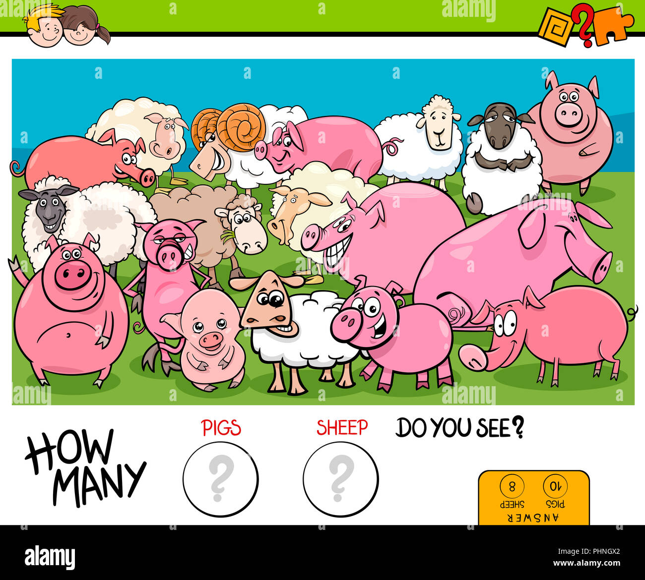 counting pigs and sheep educational game for kids Stock Photo - Alamy