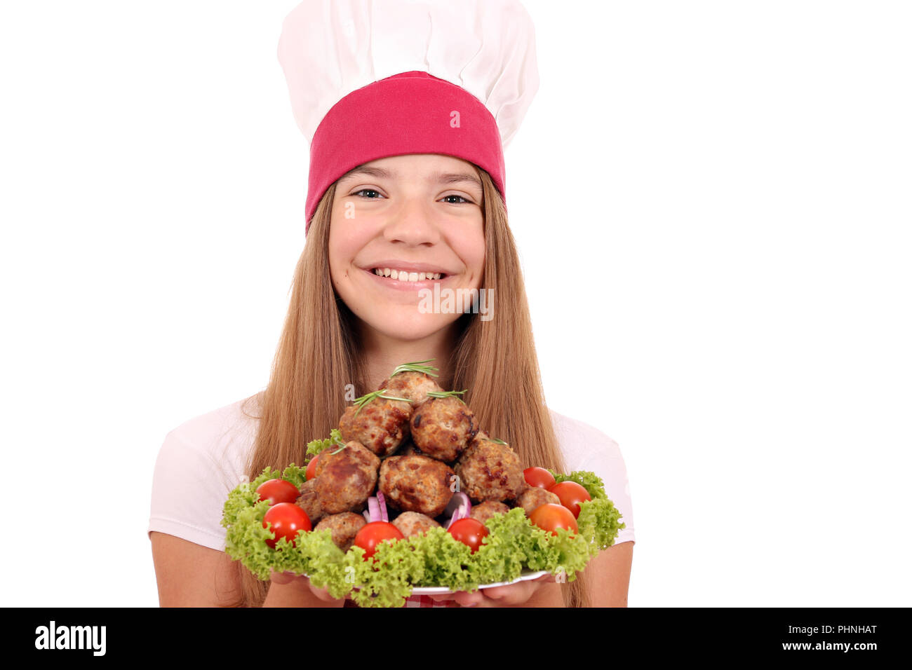 beautiful smiling girl cook with meatballs Stock Photo - Alamy