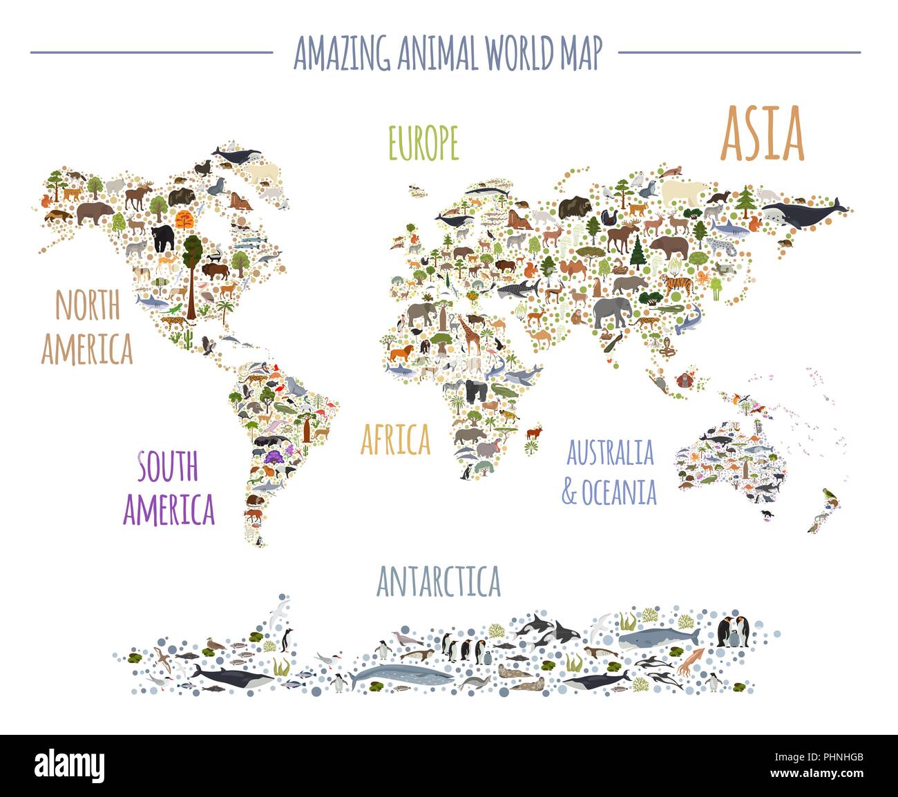 Flat world flora and fauna map constructor elements. Animals, birds and ...