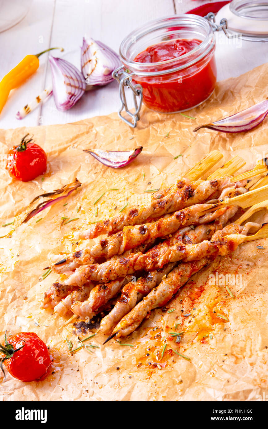 Fresh and crispy rustic pork belly grill sticks Stock Photo - Alamy