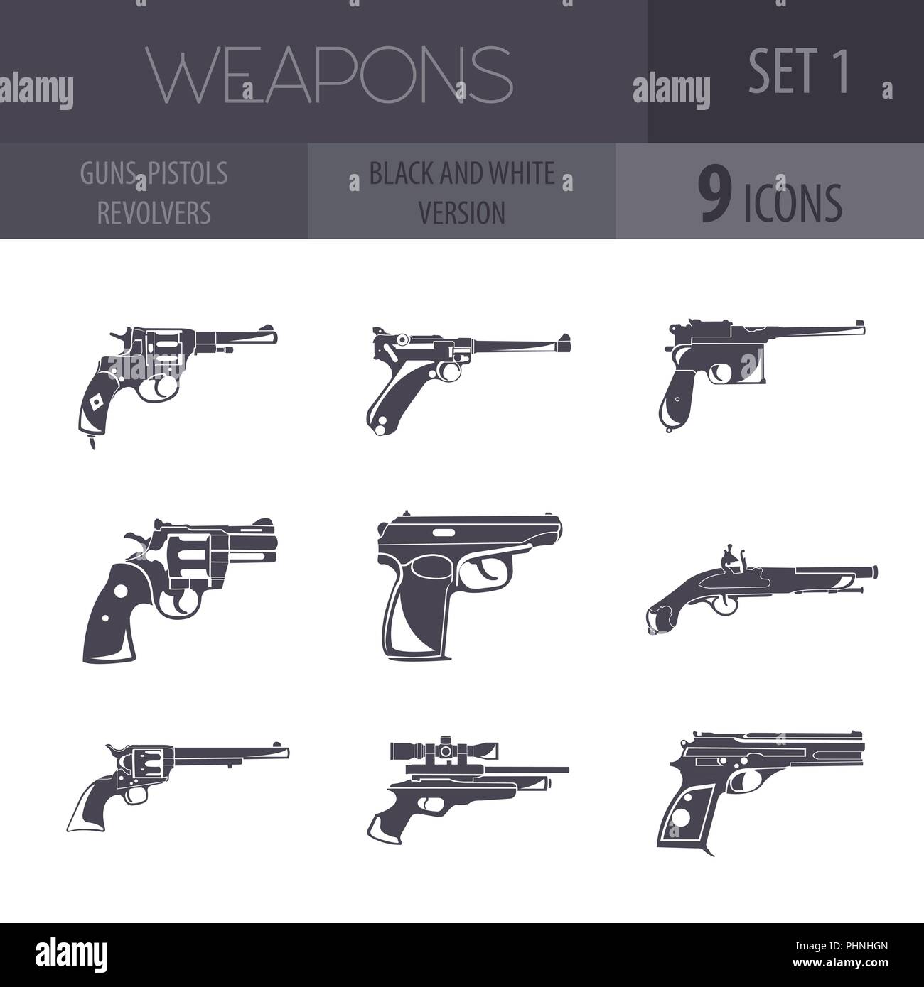 Firearm set. Guns, pistols, revolvers. Flat design. Vector illustration ...