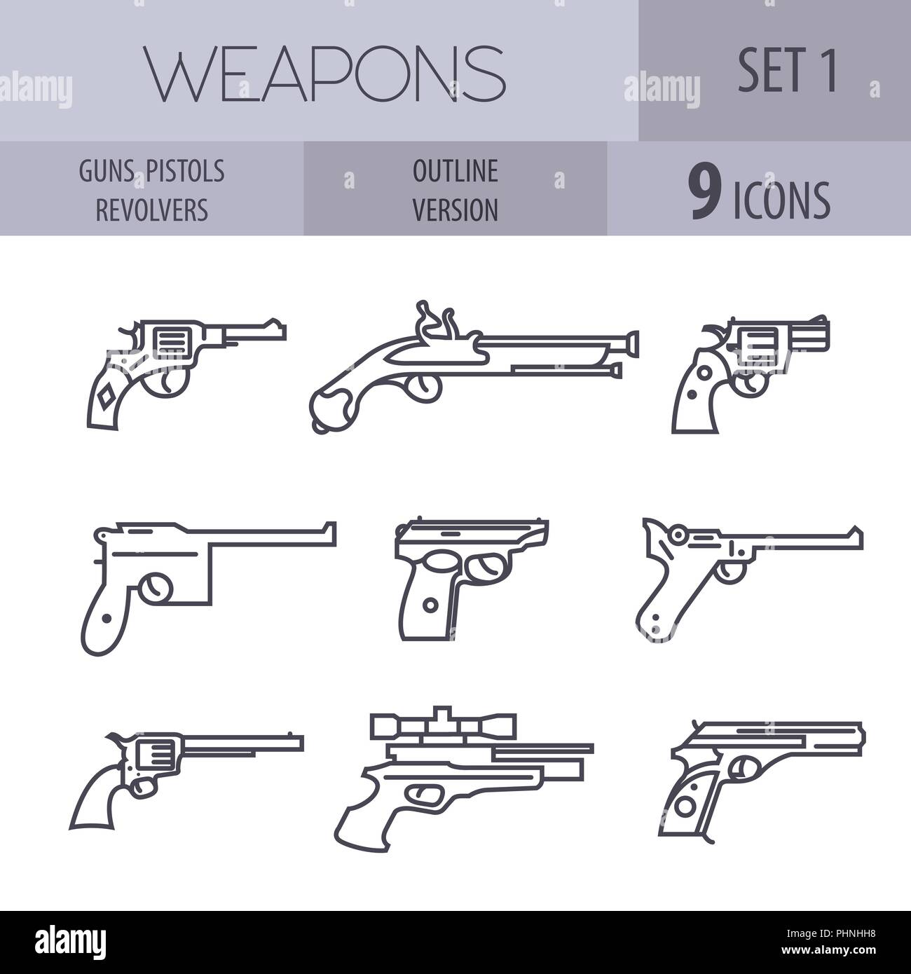 Firearm set. Guns, pistols, revolvers. Flat design. Outline linear ...