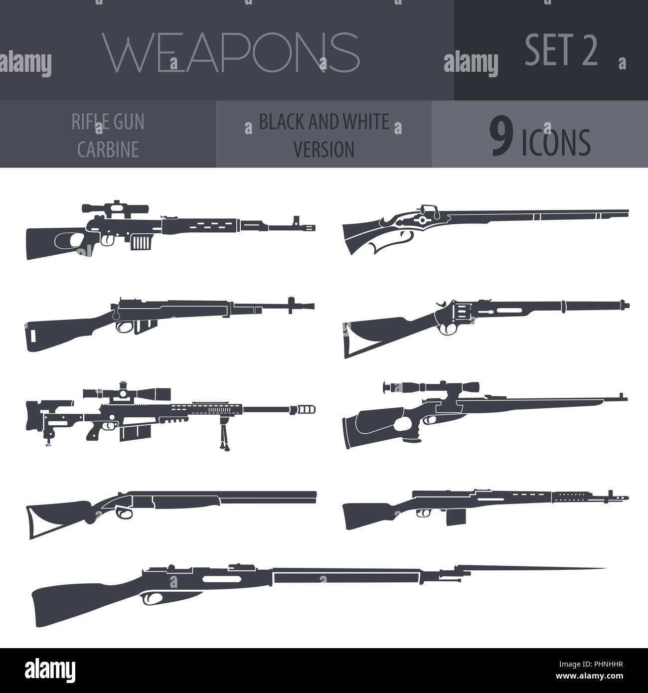 Firearm set. Gun, rifle, carbine. Flat design. Vector illustration ...