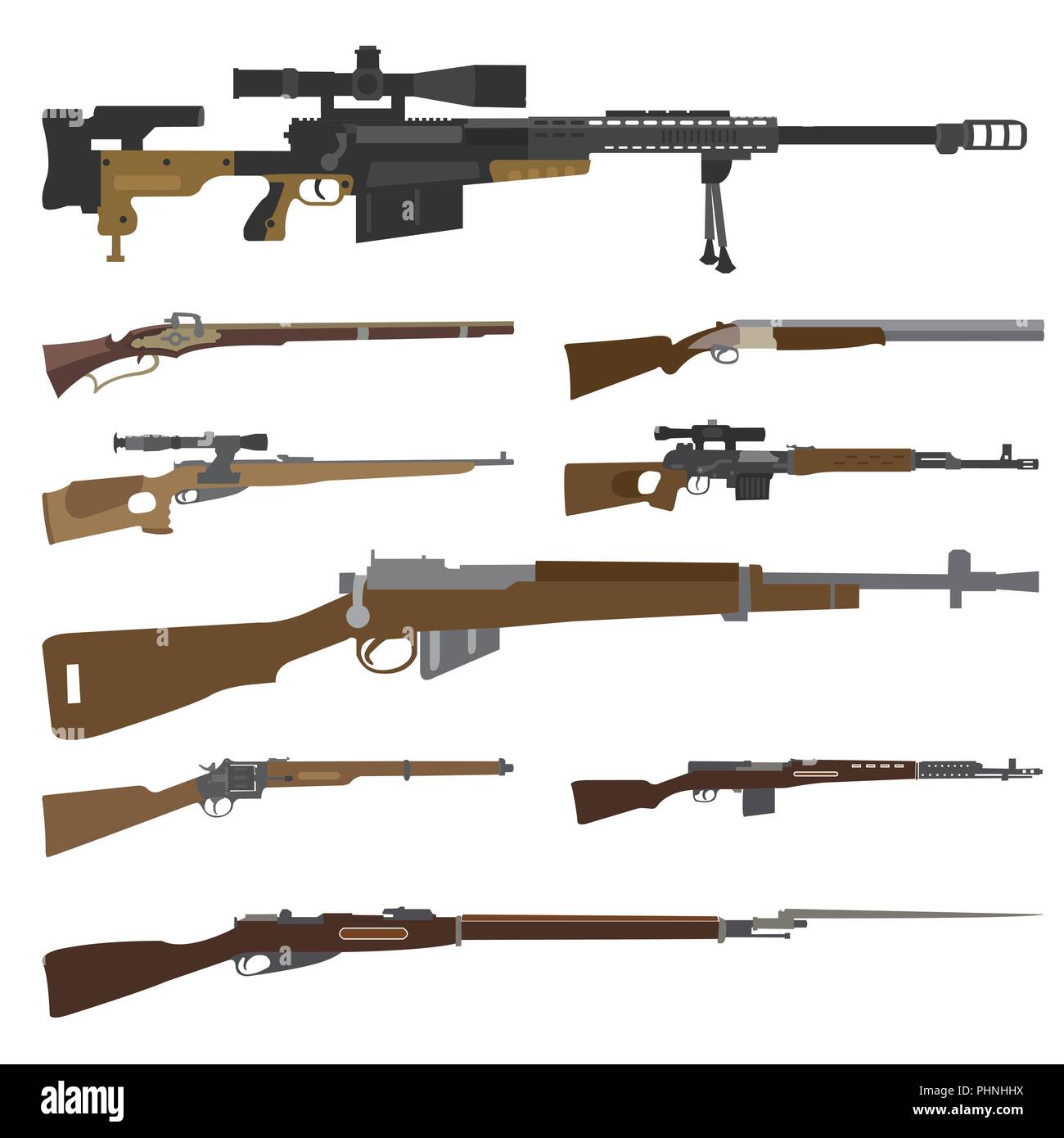 Firearm set. Gun, rifle, carbine. Flat design. Vector illustration ...