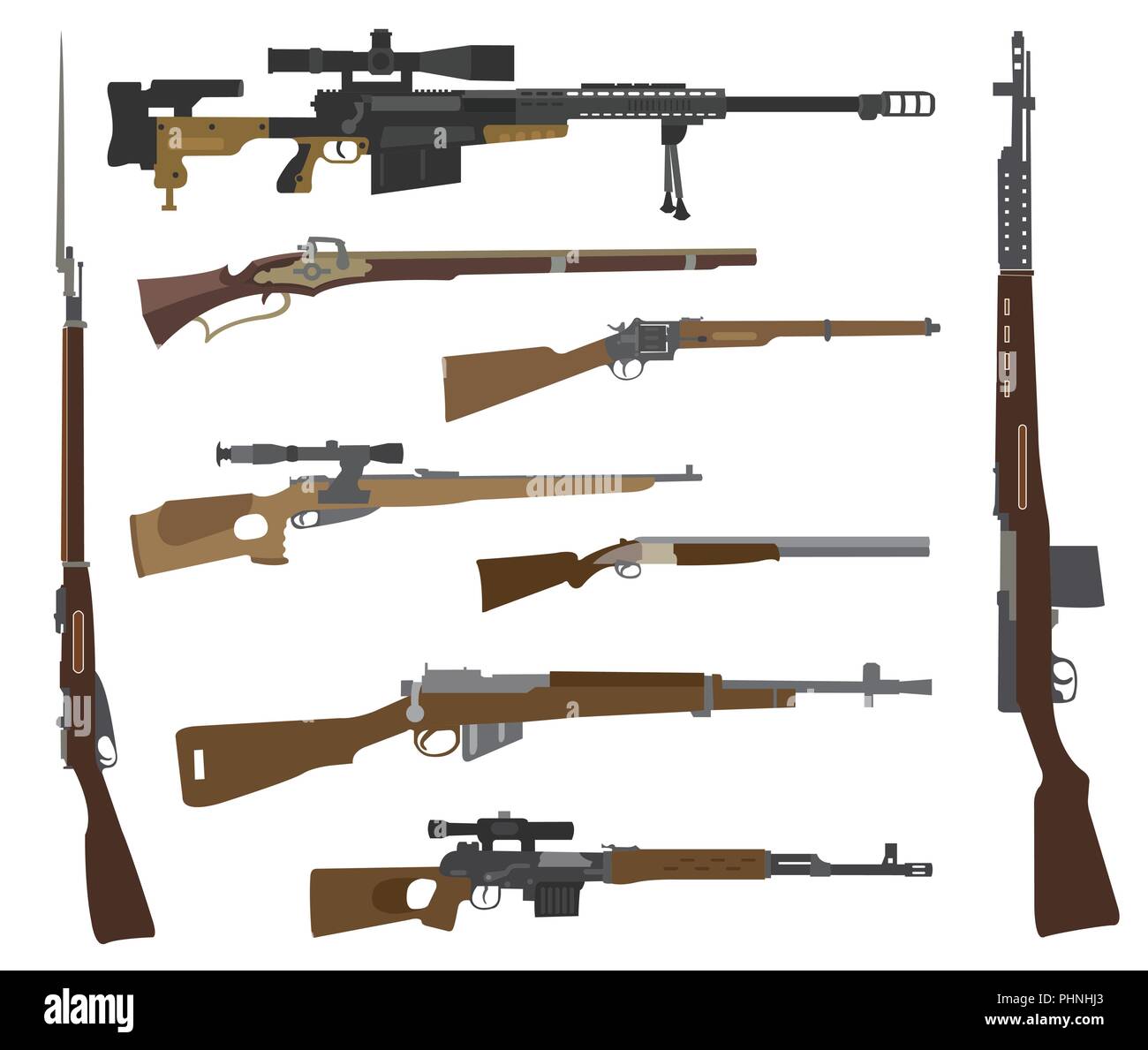 Firearm set. Gun, rifle, carbine. Flat design. Vector illustration ...