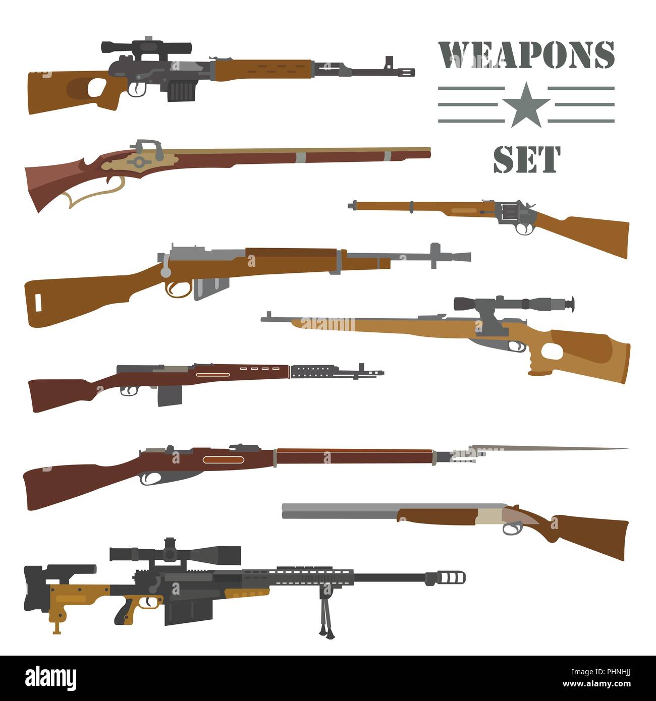 Firearm set. Gun, rifle, carbine. Flat design. Vector illustration ...