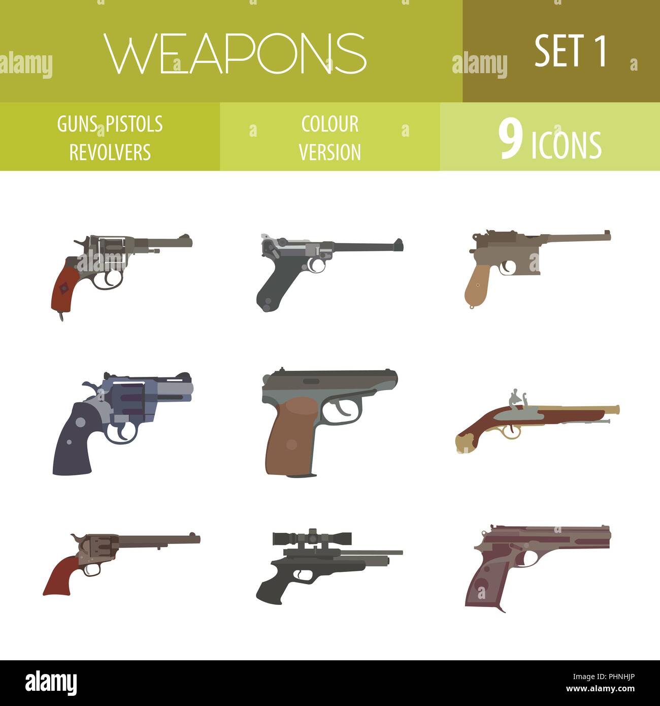 Firearm set. Guns, pistols, revolvers. Flat design. Vector illustration ...