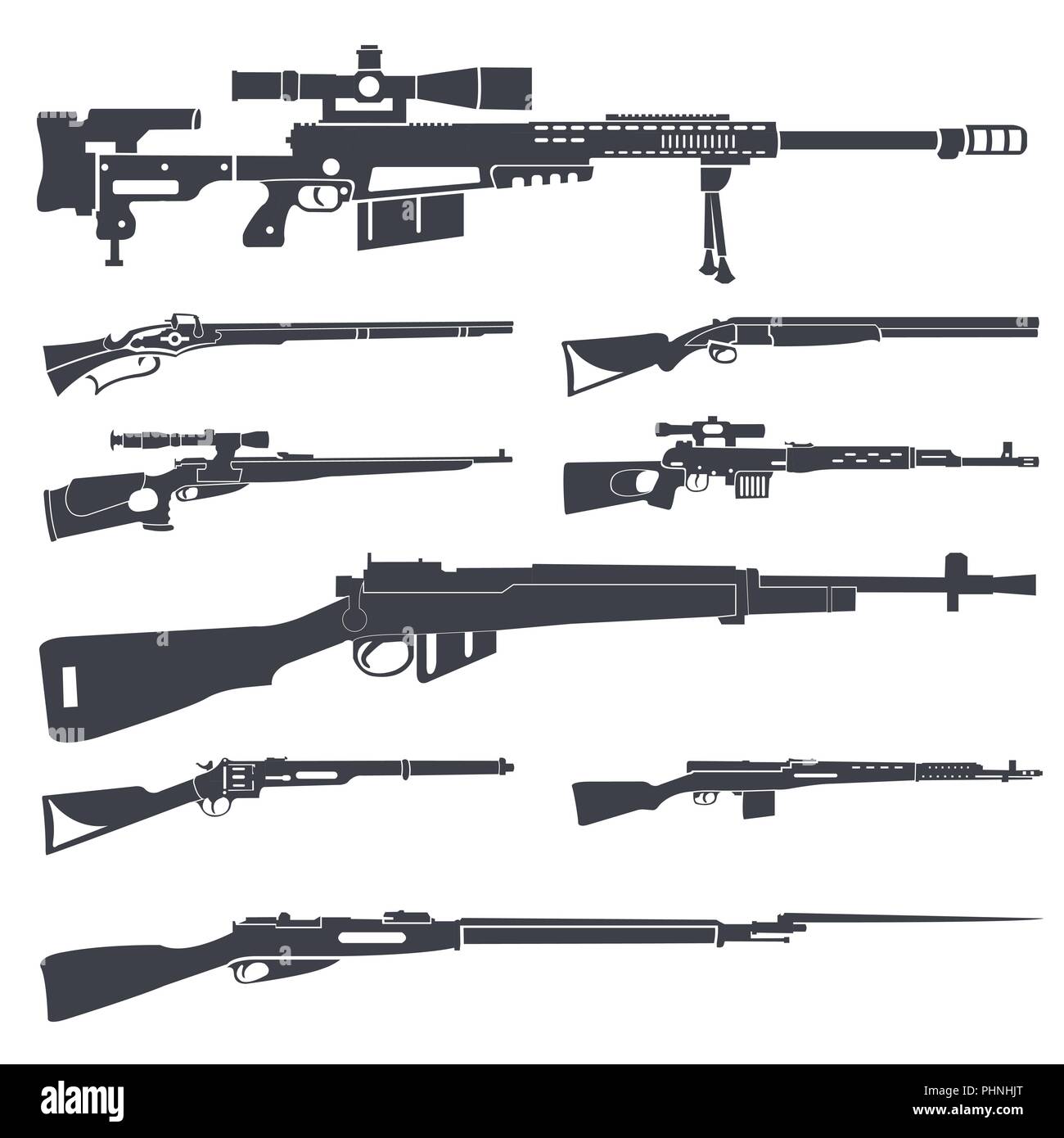 Firearm set. Gun, rifle, carbine. Flat design. Vector illustration ...