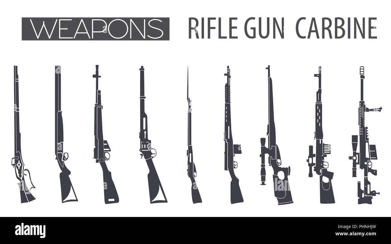 Firearm set. Gun, rifle, carbine. Flat design. Vector illustration ...